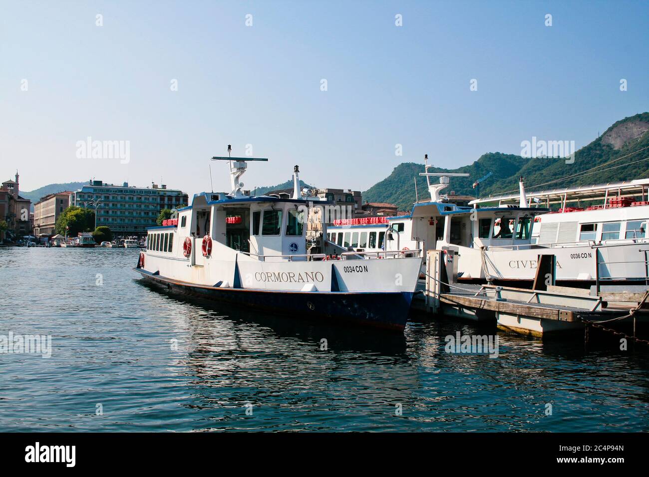 Como, Lombardy, Italy. Lake of Como. Single bridge "Cormorano" boat ...