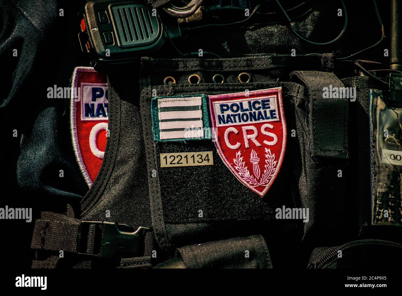 Closeup of the equipment of the special riot force of the French ...