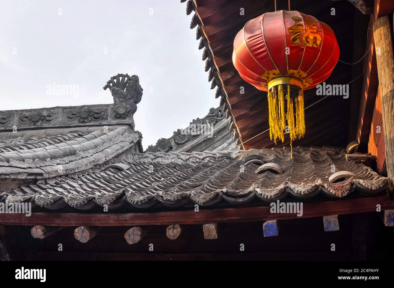 Close-up of a historic roof in the small village of Dangjia, China. The ...