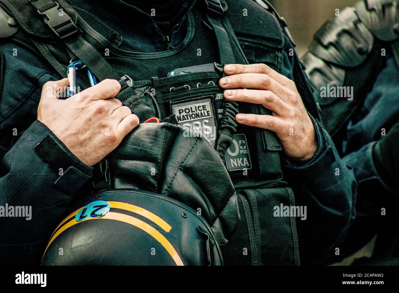 Closeup of the equipment of the special riot force of the French ...