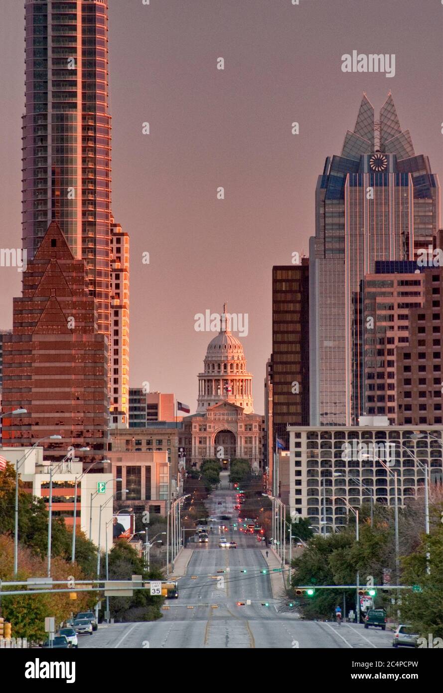 View down Congress Avenue at Texas Capitol and Downtown buildings, The ...