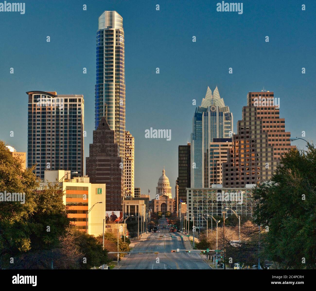 View down Congress Avenue at Texas Capitol and Downtown buildings, The ...