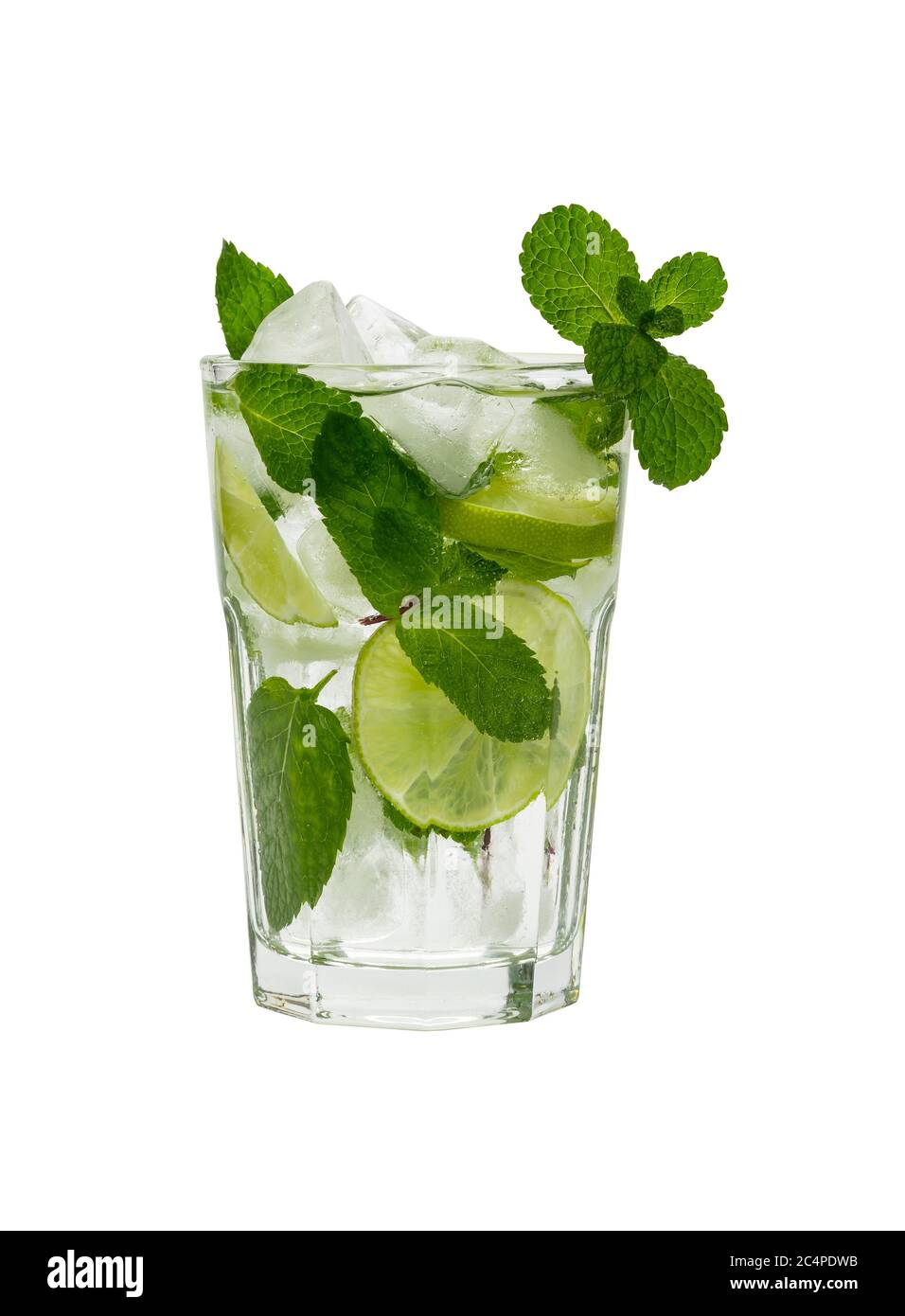 Close up one full big glass of mojito cocktail with mint leaves, lime ...