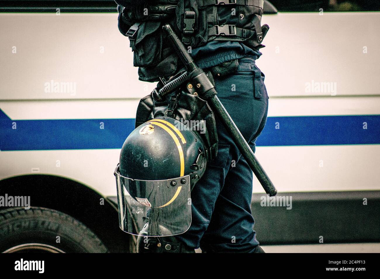 Closeup of the equipment of the special riot force of the French ...