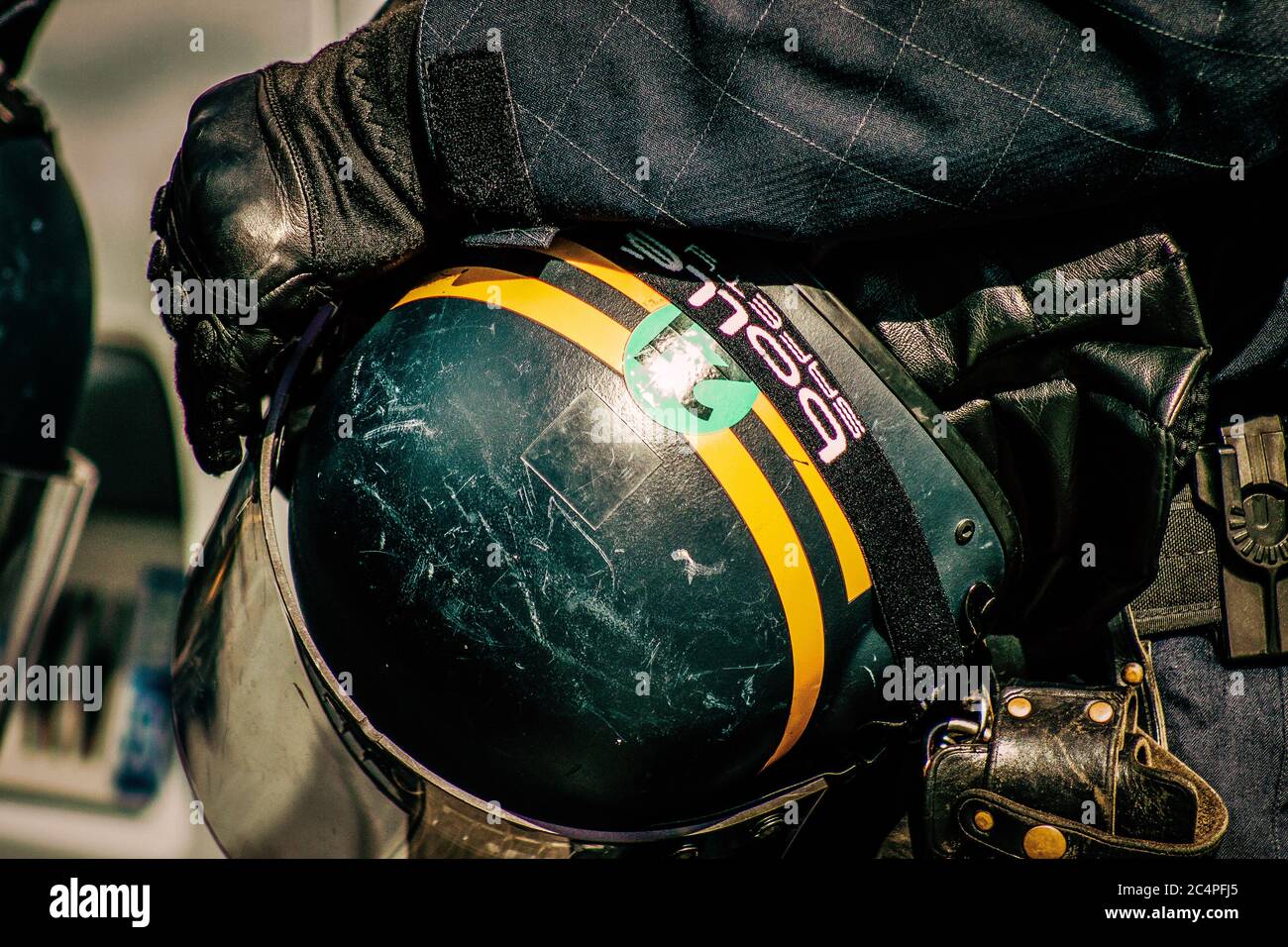 Closeup of the equipment of the special riot force of the French ...