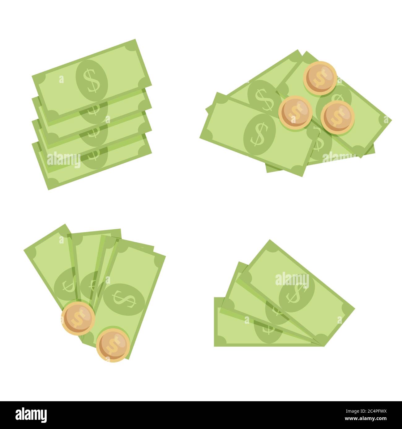 Cash money dollar, fan stack and pile with coins. Vector bank cash ...