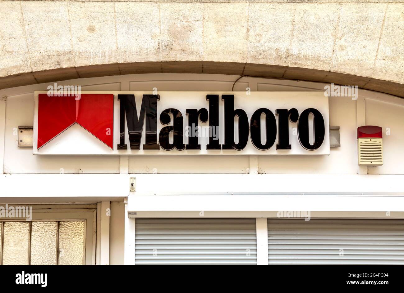 FURTH, Germany : Marlboro cigarette logo outside a shop. Marlboro is ...