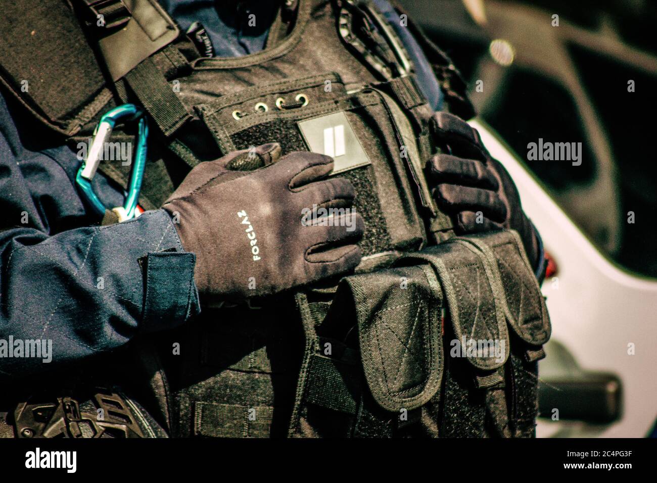 Closeup of the equipment of the special riot force of the French ...