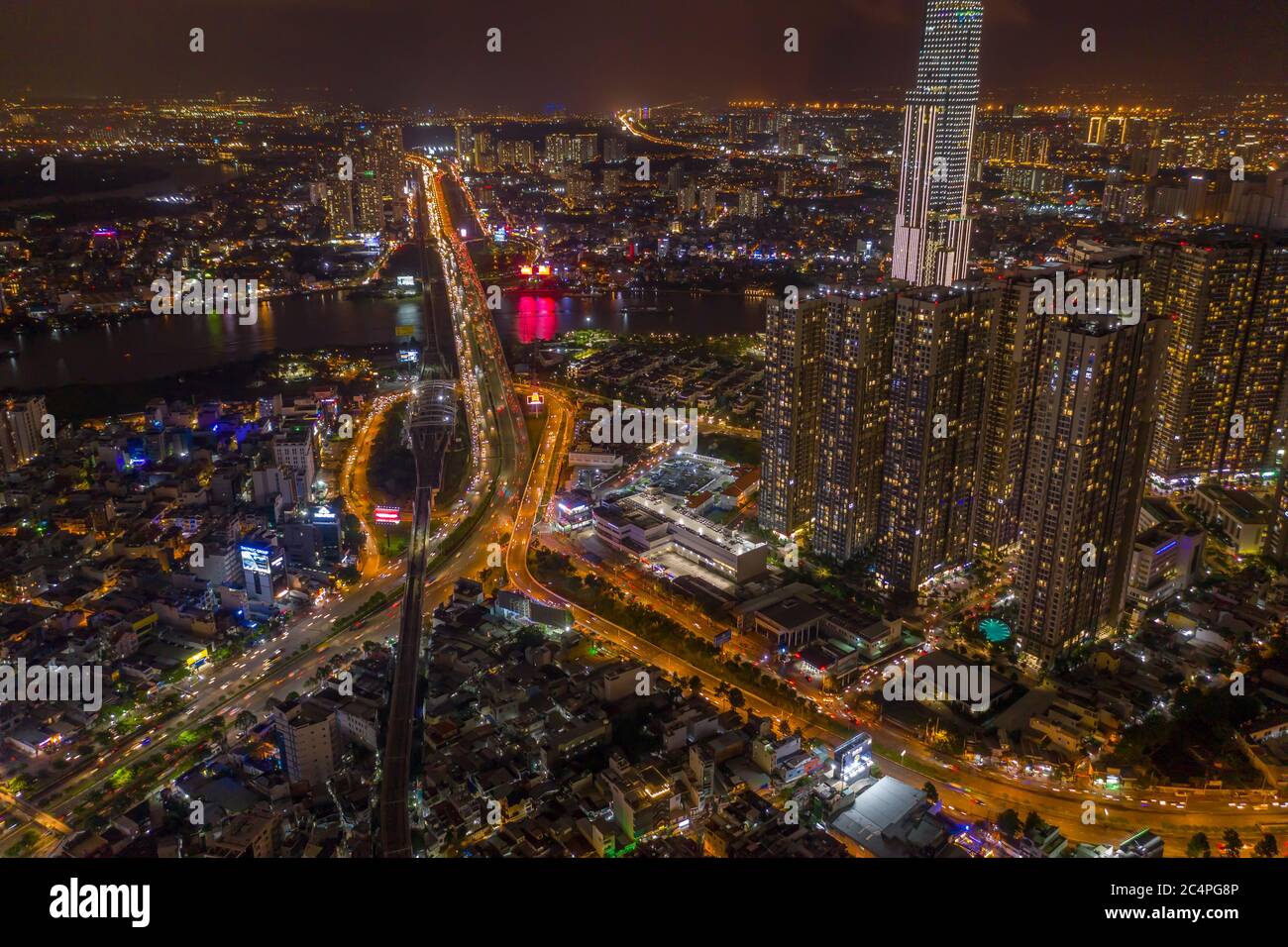 Aerial view of Ho Chi Minh City, Vietnam at night from Binh Thanh ...