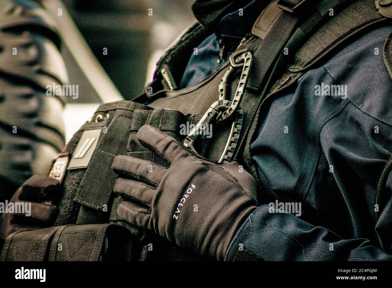 Closeup of the equipment of the special riot force of the French ...