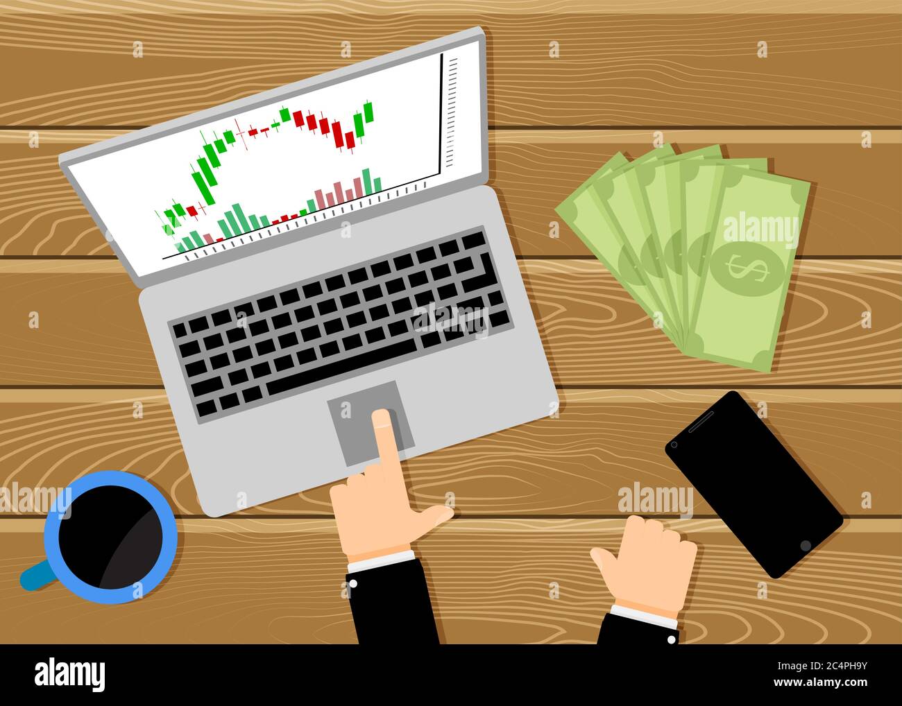 Work place broker, man sell and buy exchange. Workplace office with ...