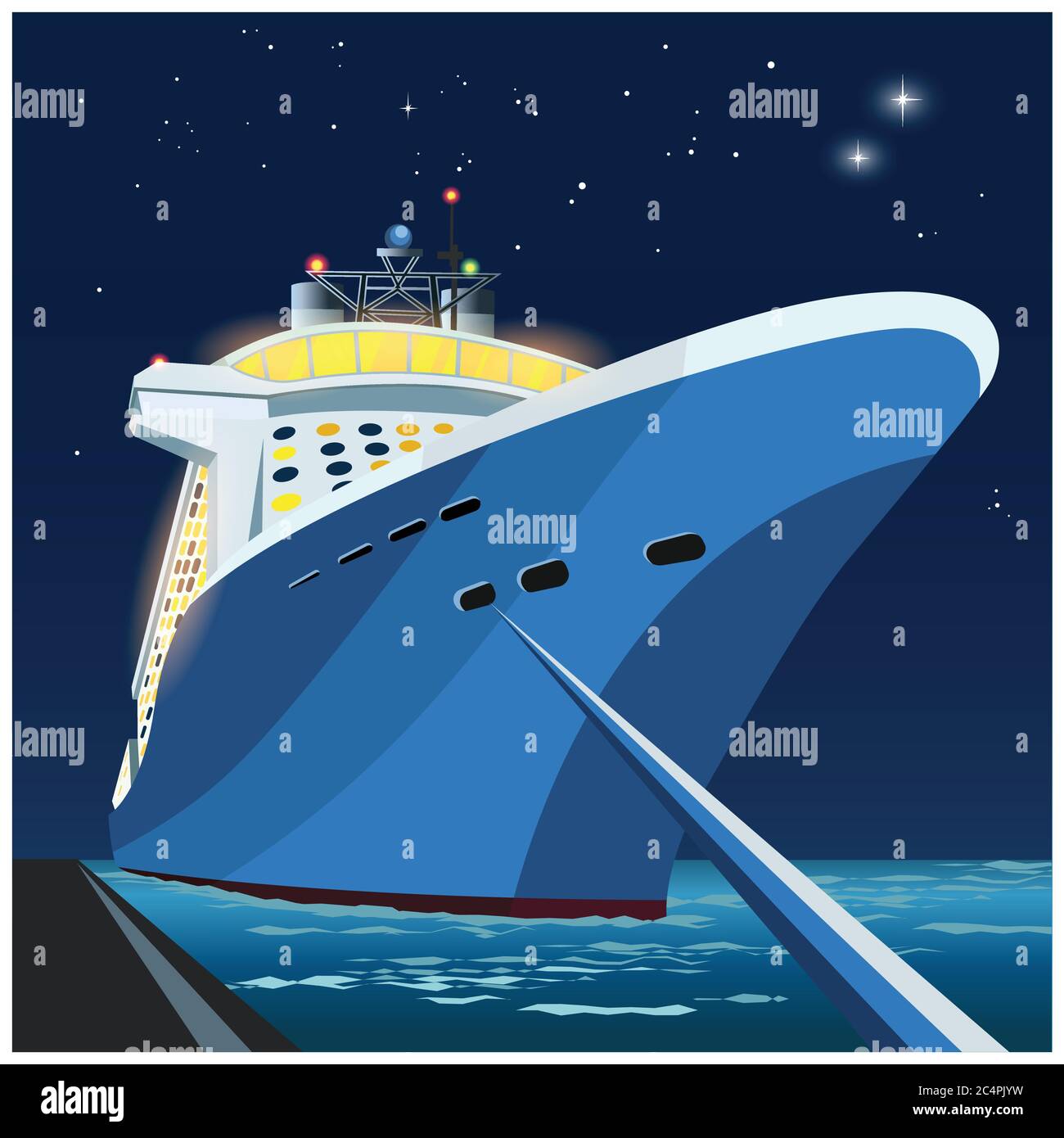Stylized vector illustration of a large cruise ship at the pier at ...
