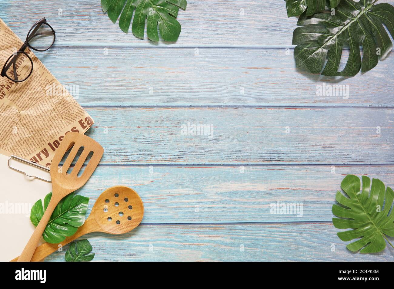 Kitchen tool in vlog filmmaker wooden table top view concept blank ...