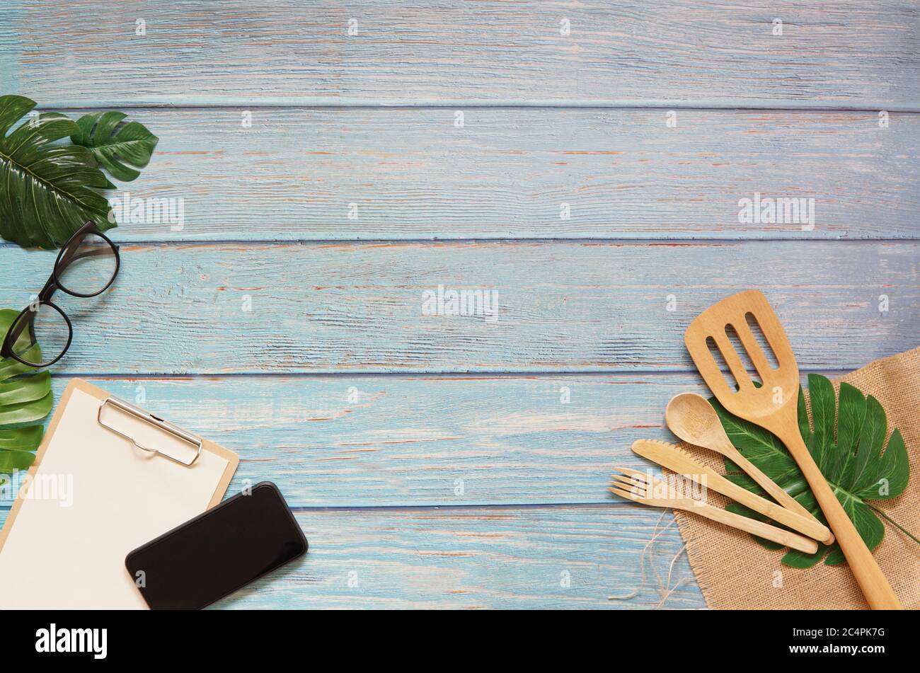 Kitchen tool in vlog filmmaker wooden table top view concept blank ...