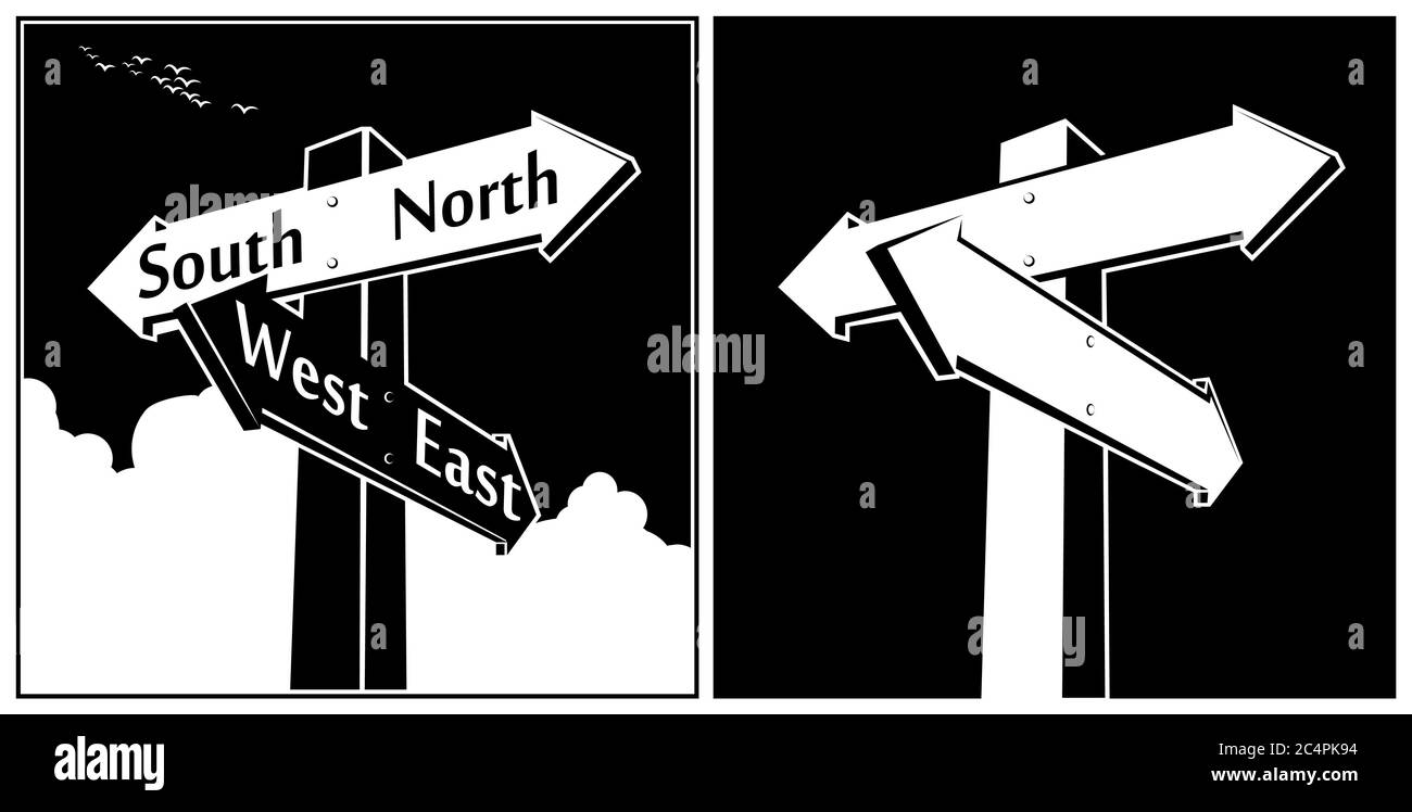 Stylized vector illustration of wooden pointers of the cardinal points ...