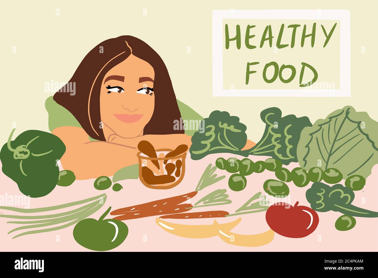 Portrait of a young cheerful woman with lots of healthy green food on ...