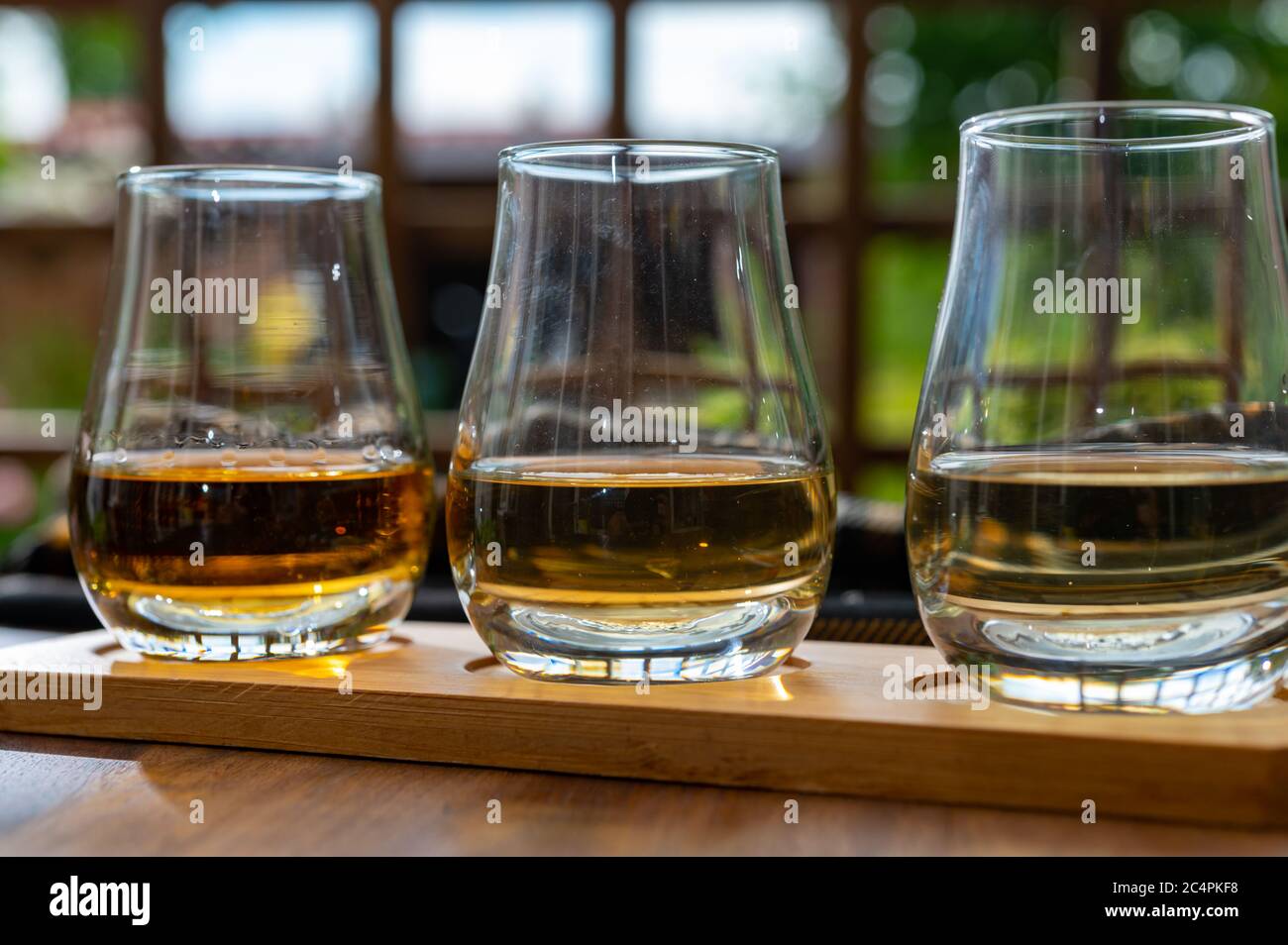 Tasting of different Scotch whisky drinks in traditional old British ...