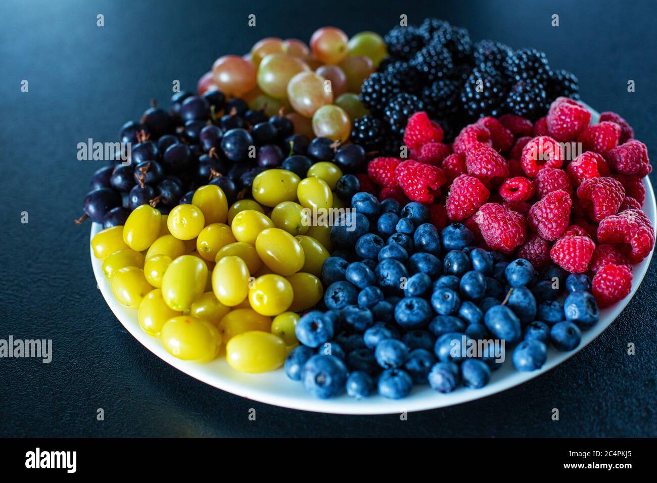 Mix of colored berries in a round plate divided by triangles. Stylish ...