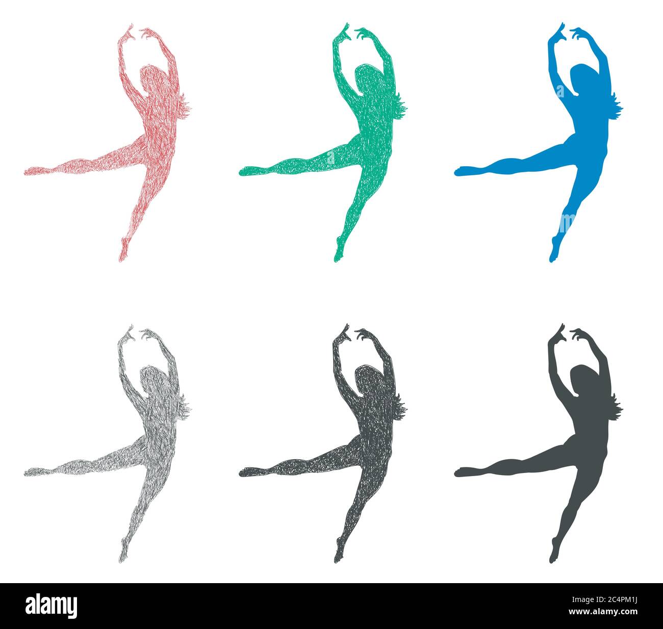 Stylized hand-drawn vector illustration of a dancing girl in different ...