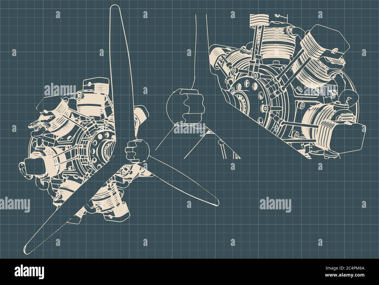 Stylized vector illustration of drawings of 7 cylinder radial engine ...