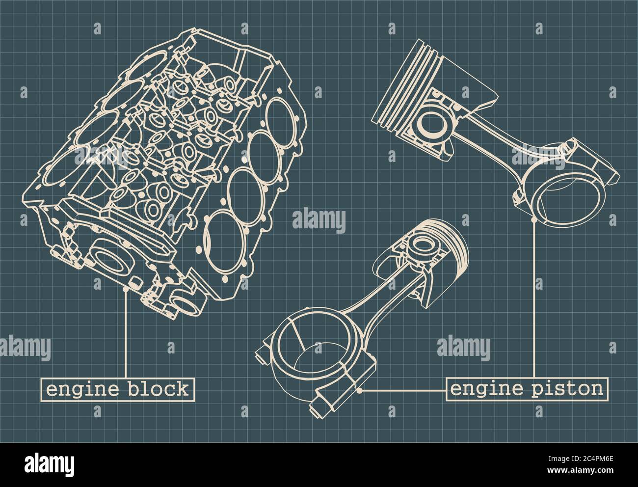 Stylized vector illustration of the drawings of the cylinder block of ...