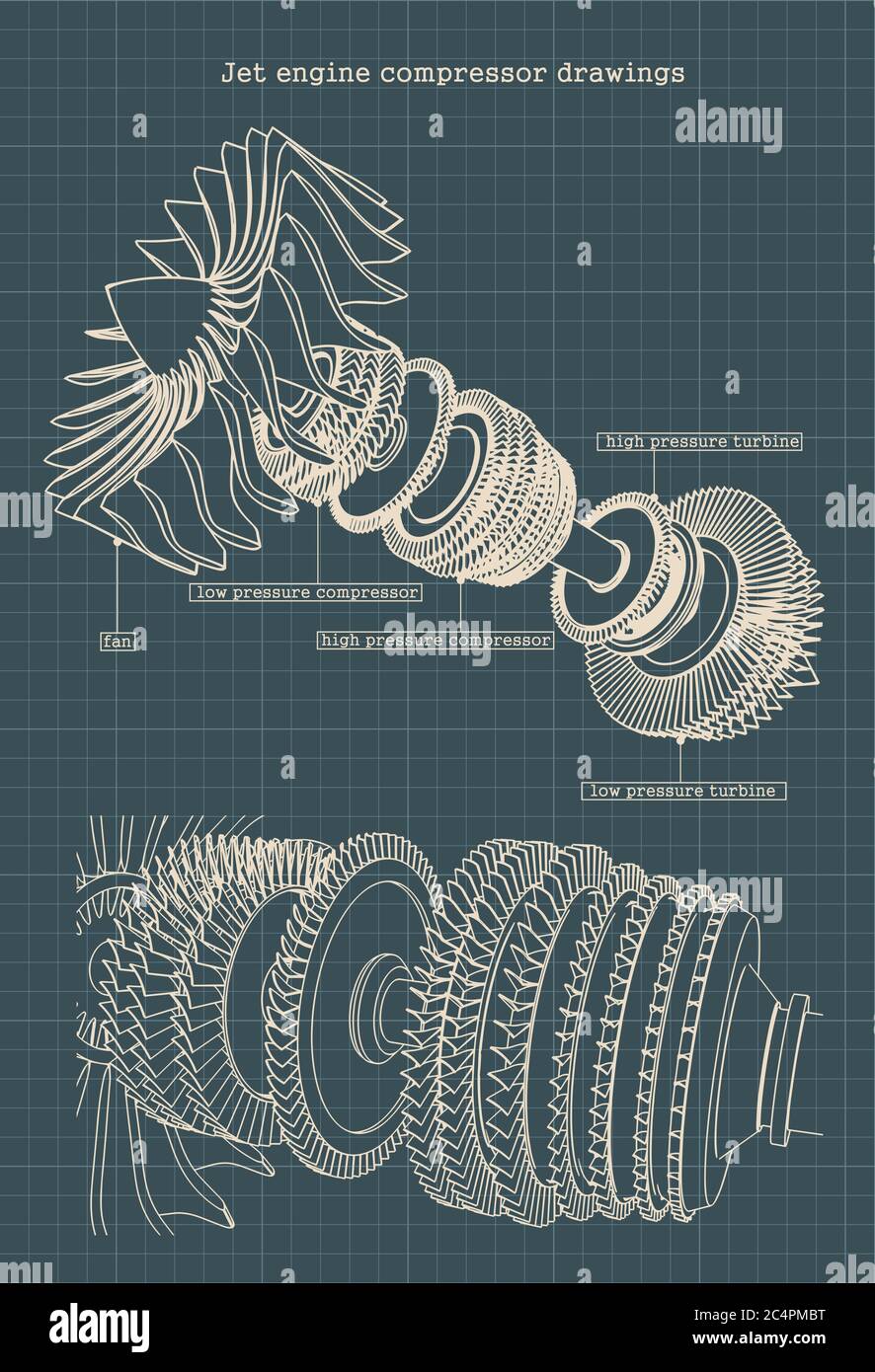Stylized vector illustration of drawings of a jet engine compressor ...
