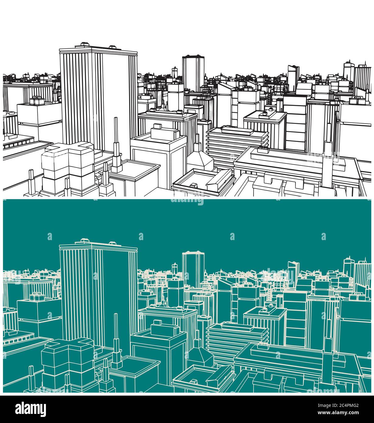 Stylized vector sketch illustration of a big city with modern buildings ...