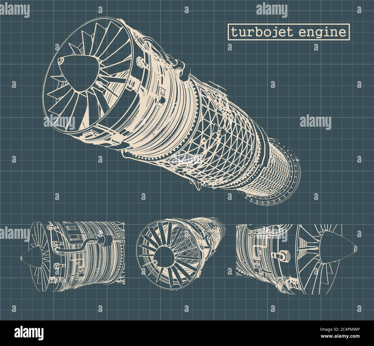 Stylized vector illustration of drawings of a turbojet engine Stock ...