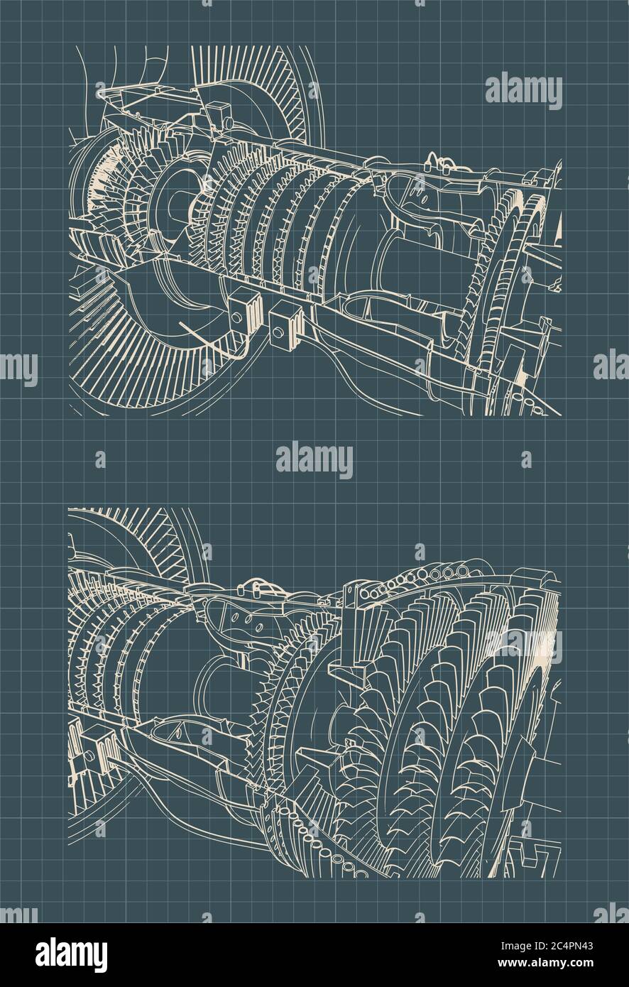 Stylized vector illustration drawings of a turbofan engine. Turbine and ...