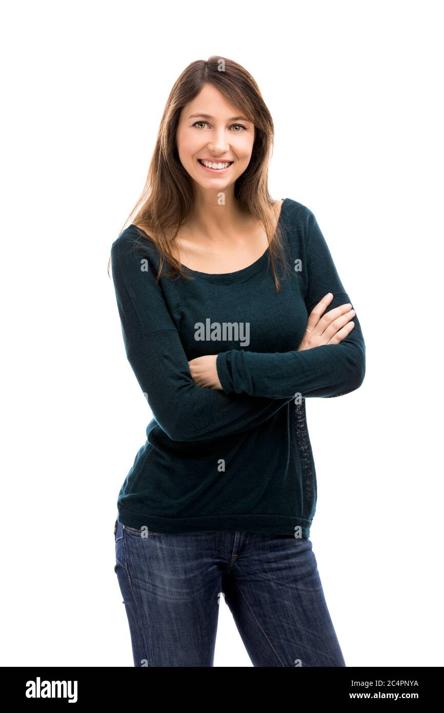 Beautiful woman standing over a white background Stock Photo - Alamy