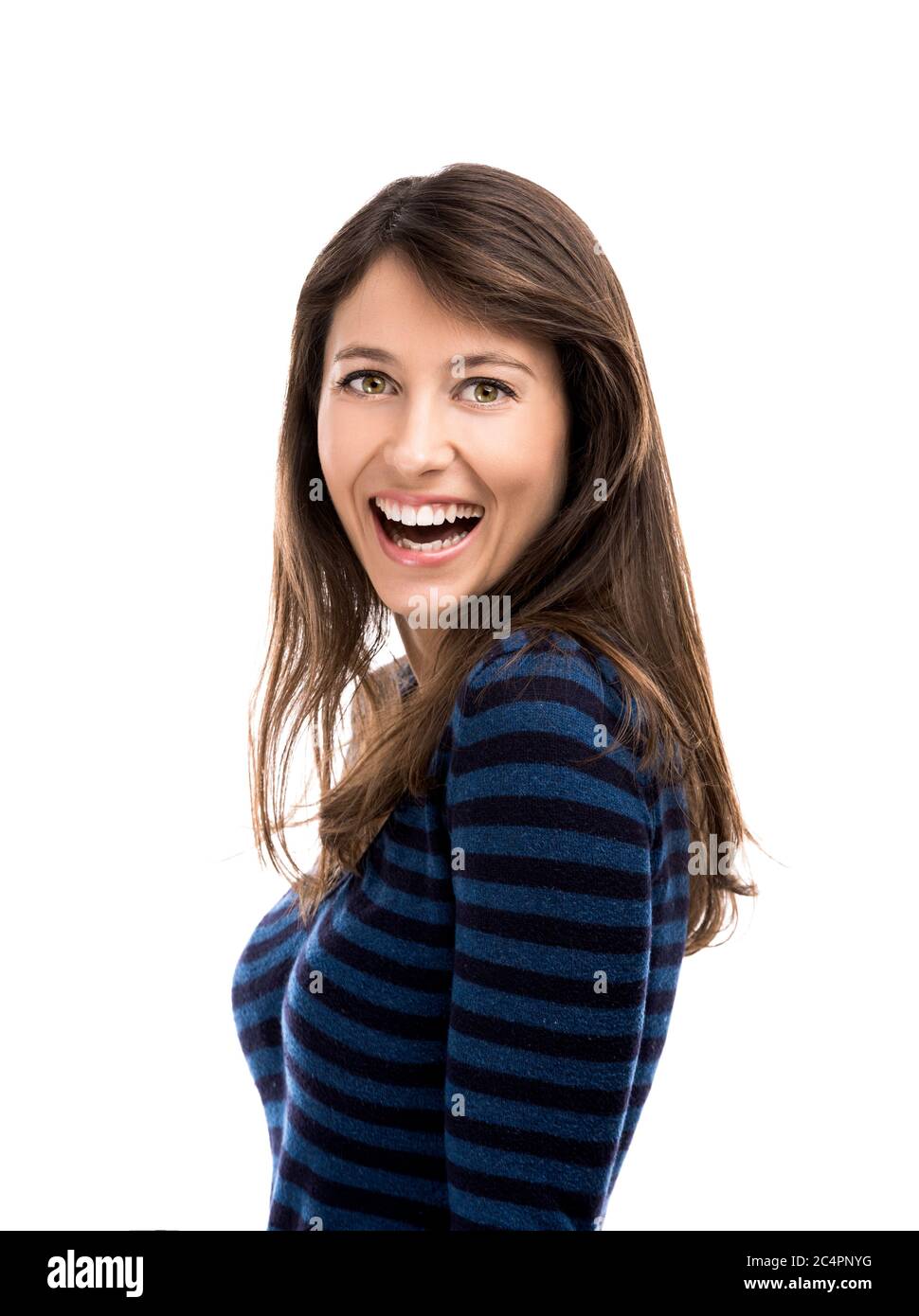Beautiful and happy woman laughing over a white background Stock Photo ...