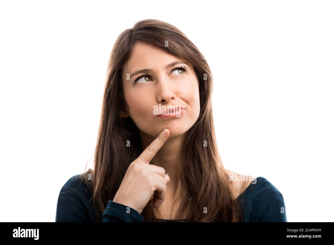Beautiful woman isolated over a white background thinking on something ...
