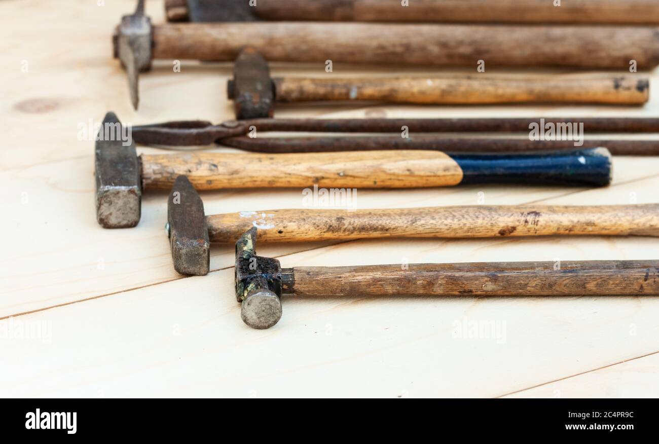 Set of vintage well used hand construction tools for handyman, hammers ...