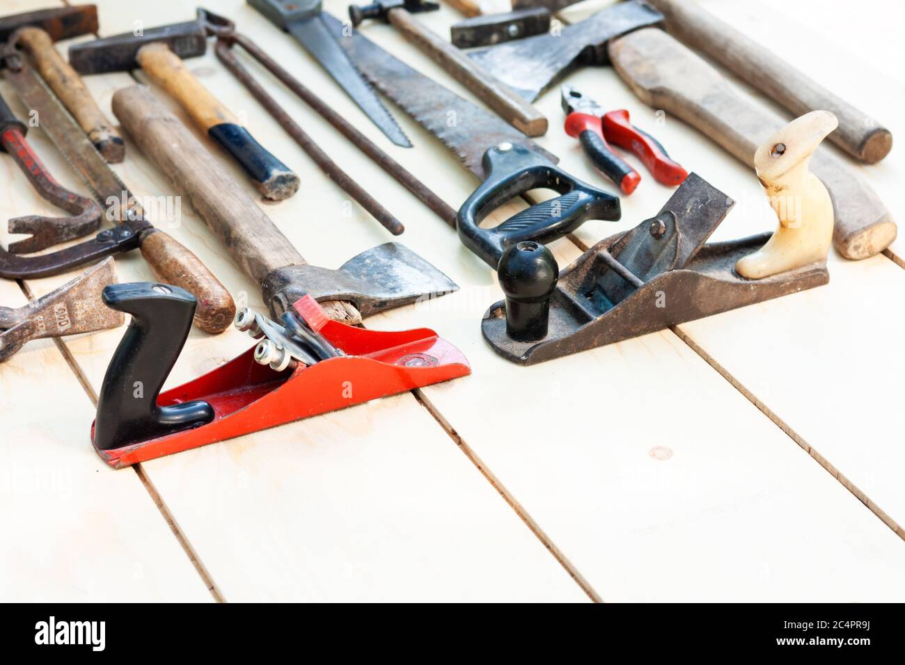 Set of vintage well used hand construction tools for handyman, hammers ...