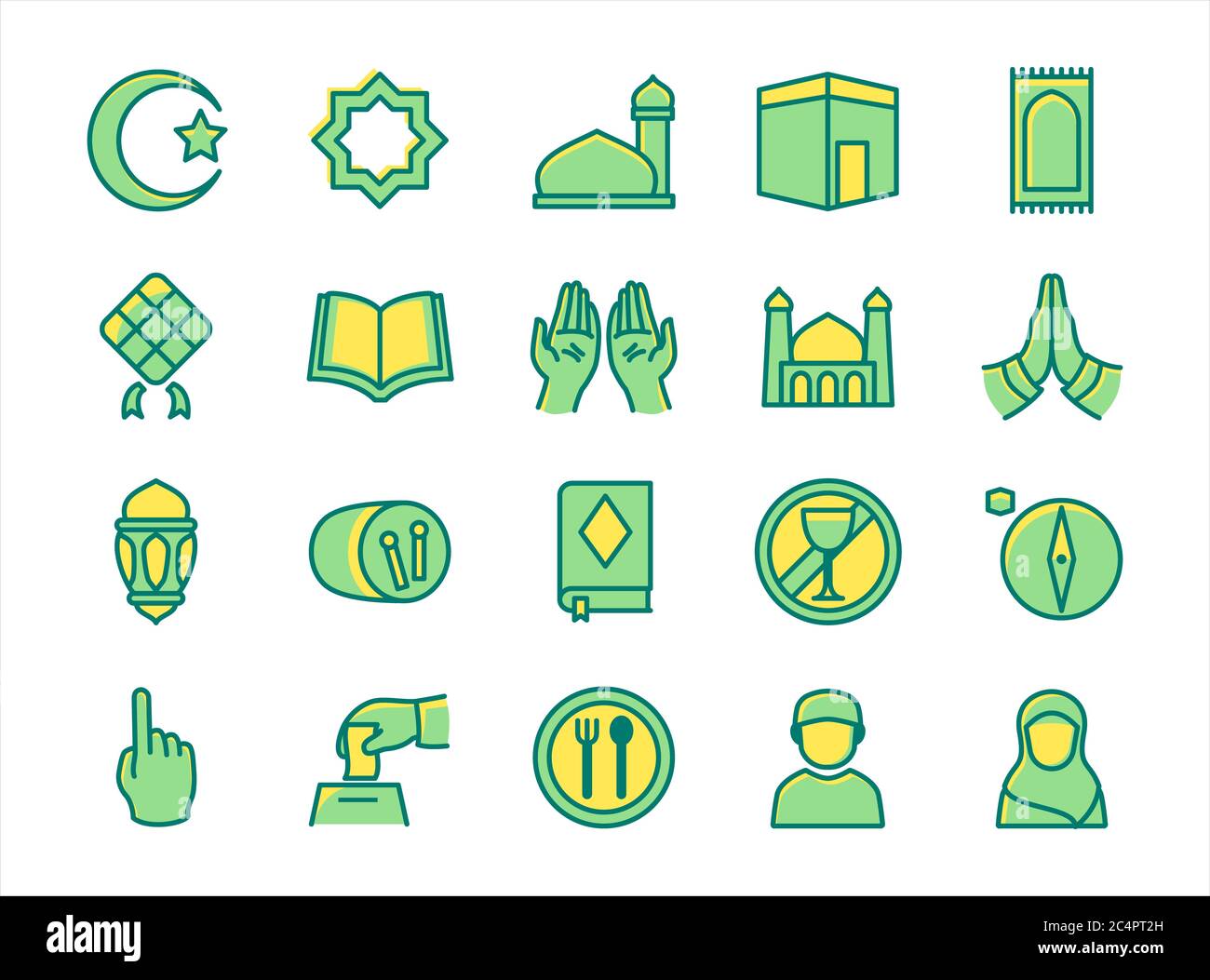 Islamic icon set praying hand mosque crescent moon kabah quran fasting ...