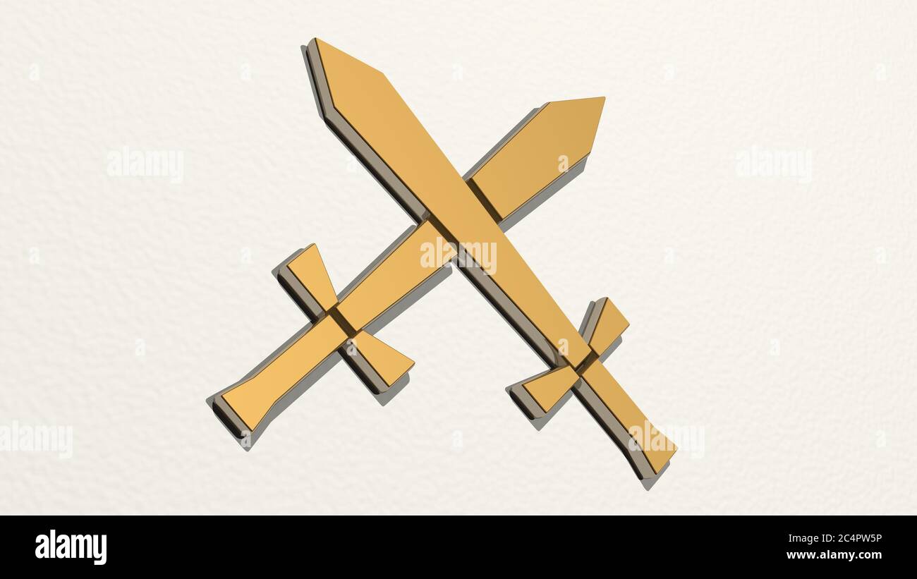 SWORDS made by 3D illustration of a shiny metallic sculpture on a wall ...