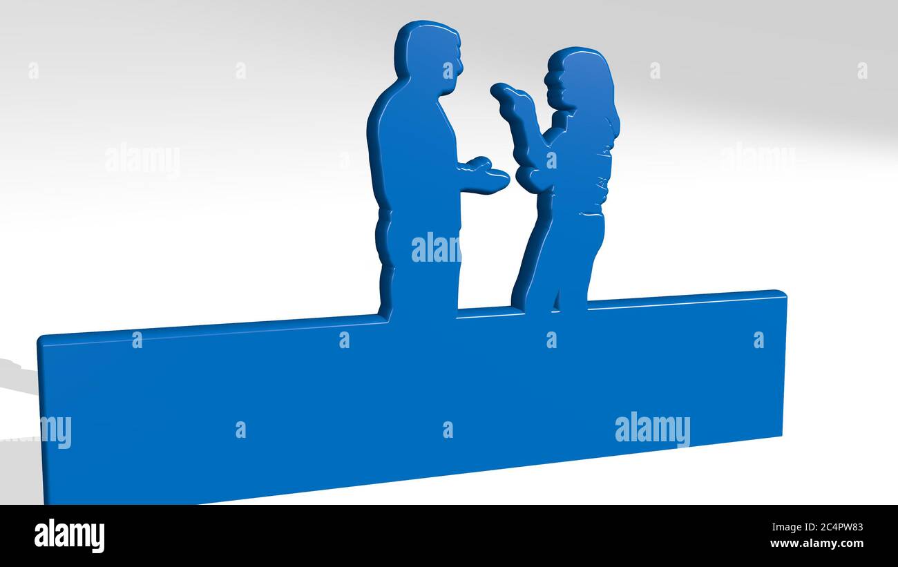 man and woman arguing from a perspective on the wall. A thick sculpture ...