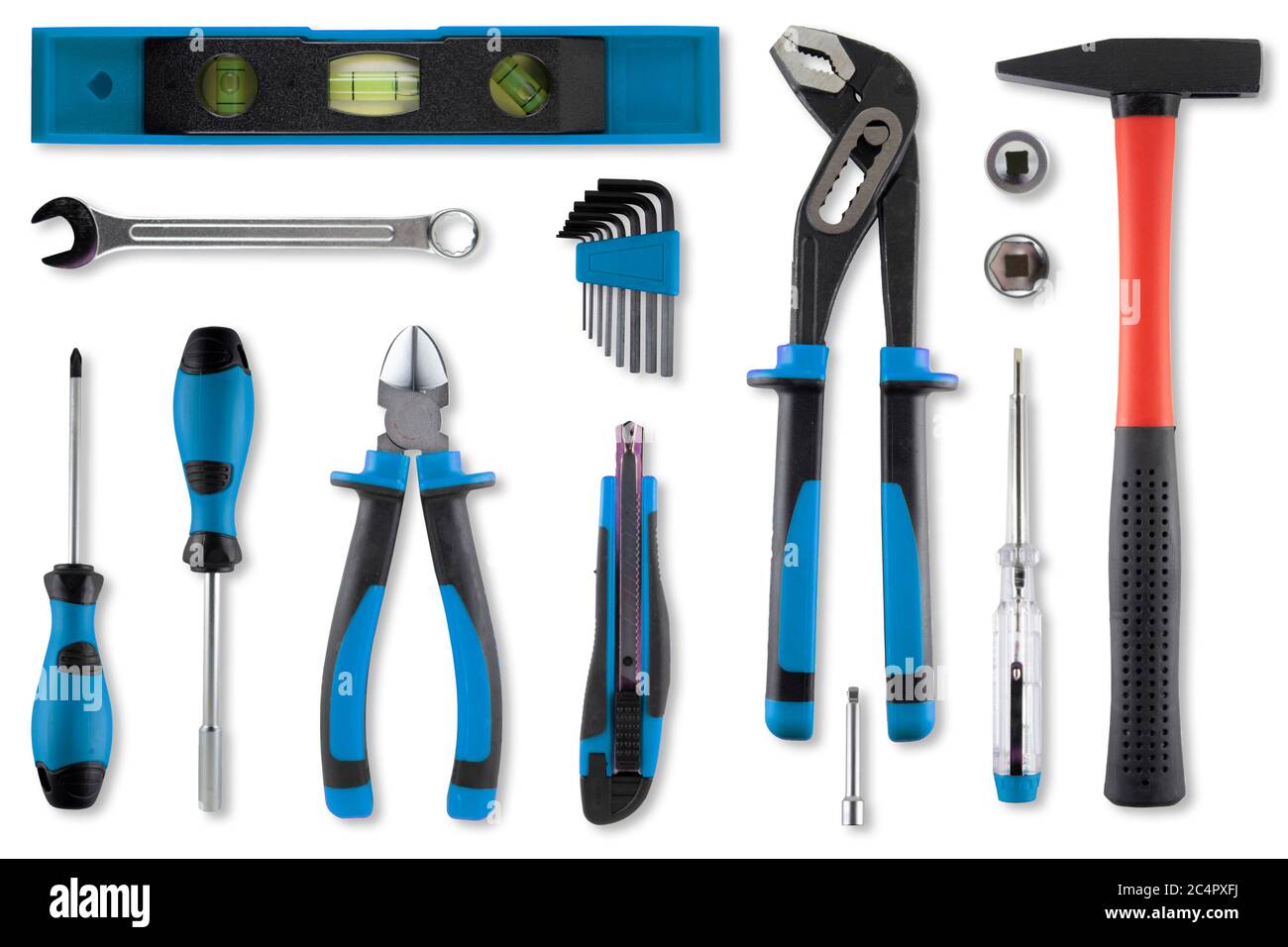 Flat lay with multiple work tools on white background with a soft ...