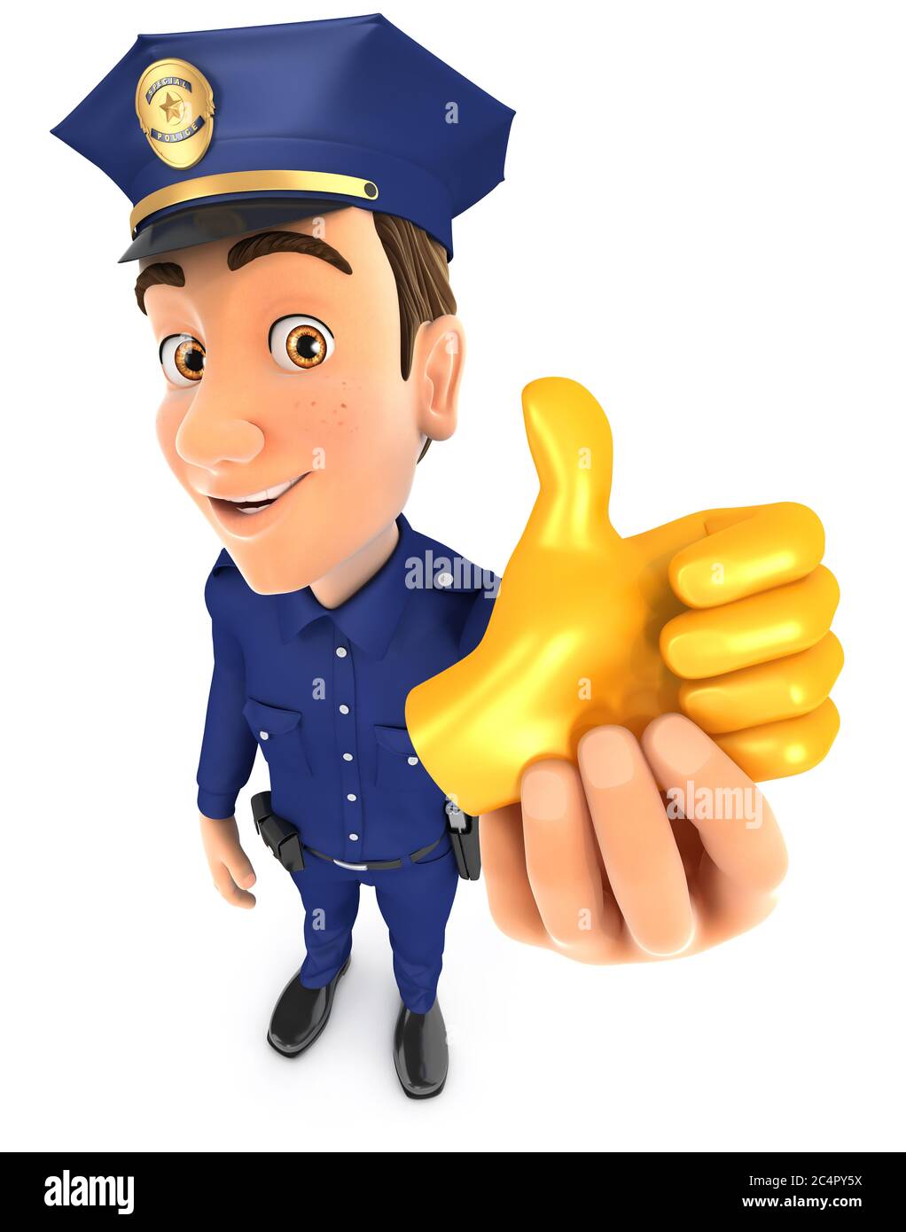 3d policeman holding golden thumb up icon, illustration with isolated ...