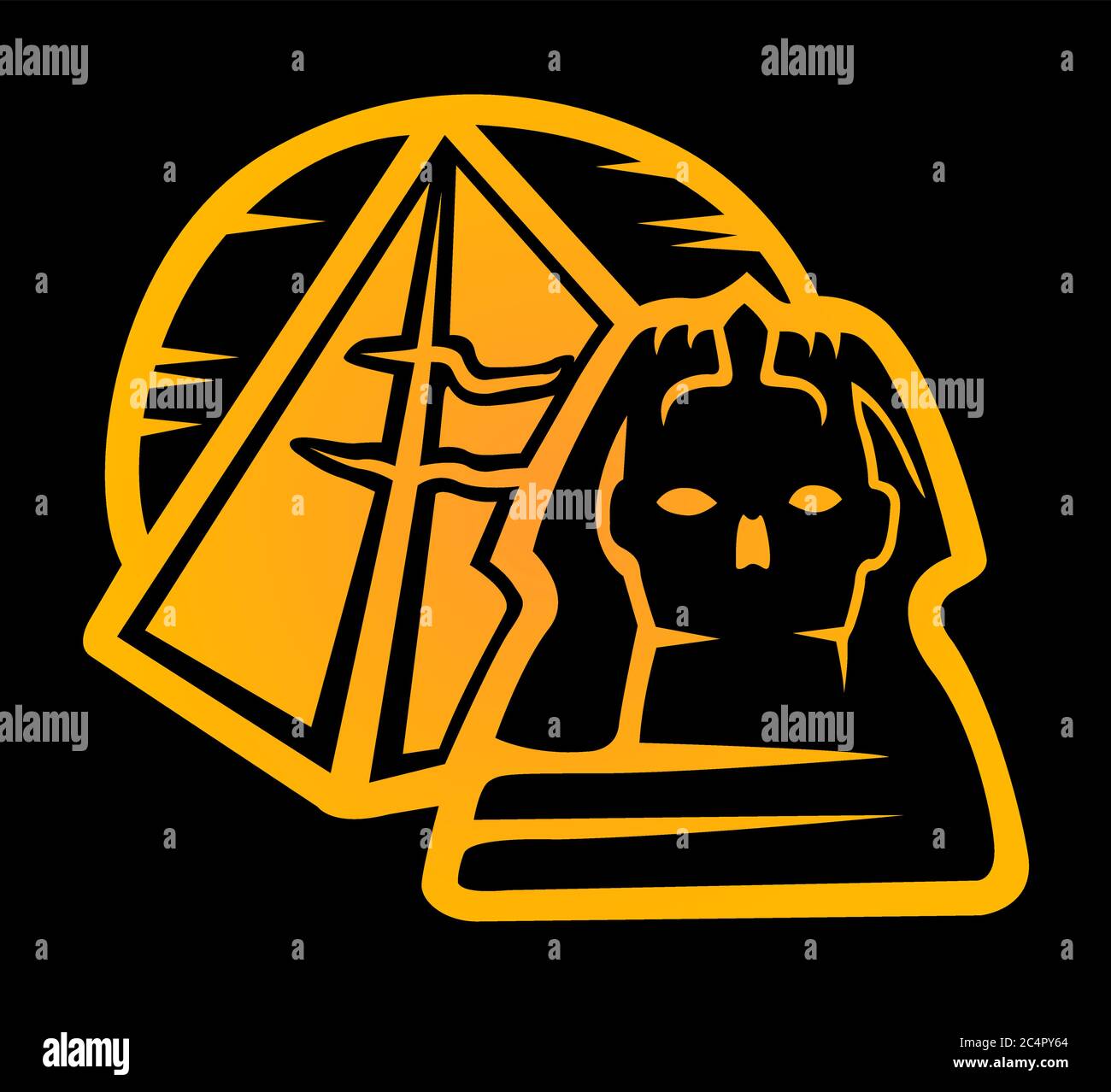 Orange icon with symbols of Egypt sphinx, pyramid and sun on black ...