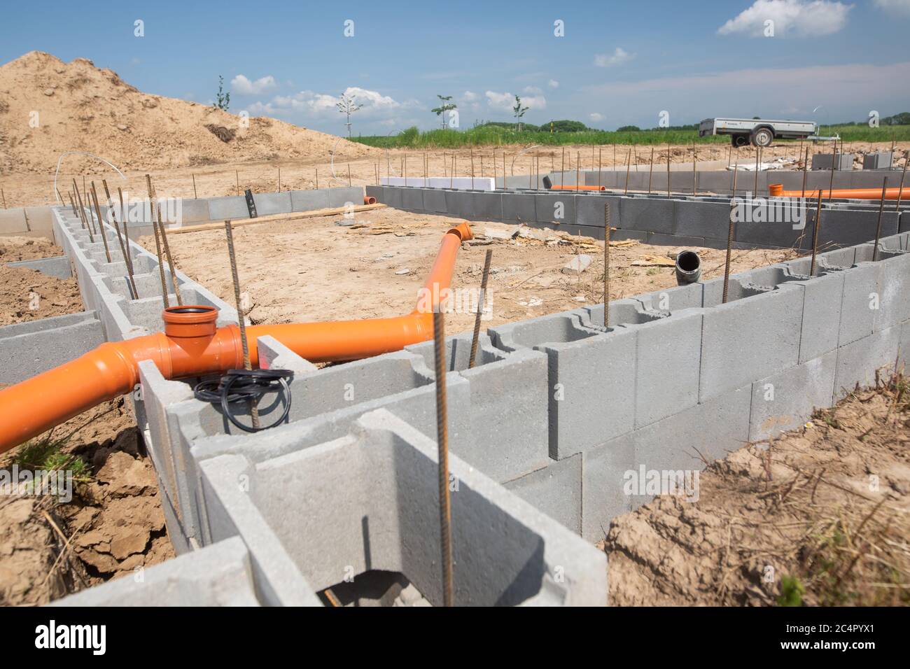 Foundations of the house, unfinished bungalow, rough construction ...