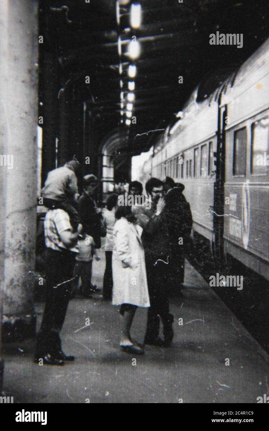 Fine 70s vintage black and white photography of a train at the train ...