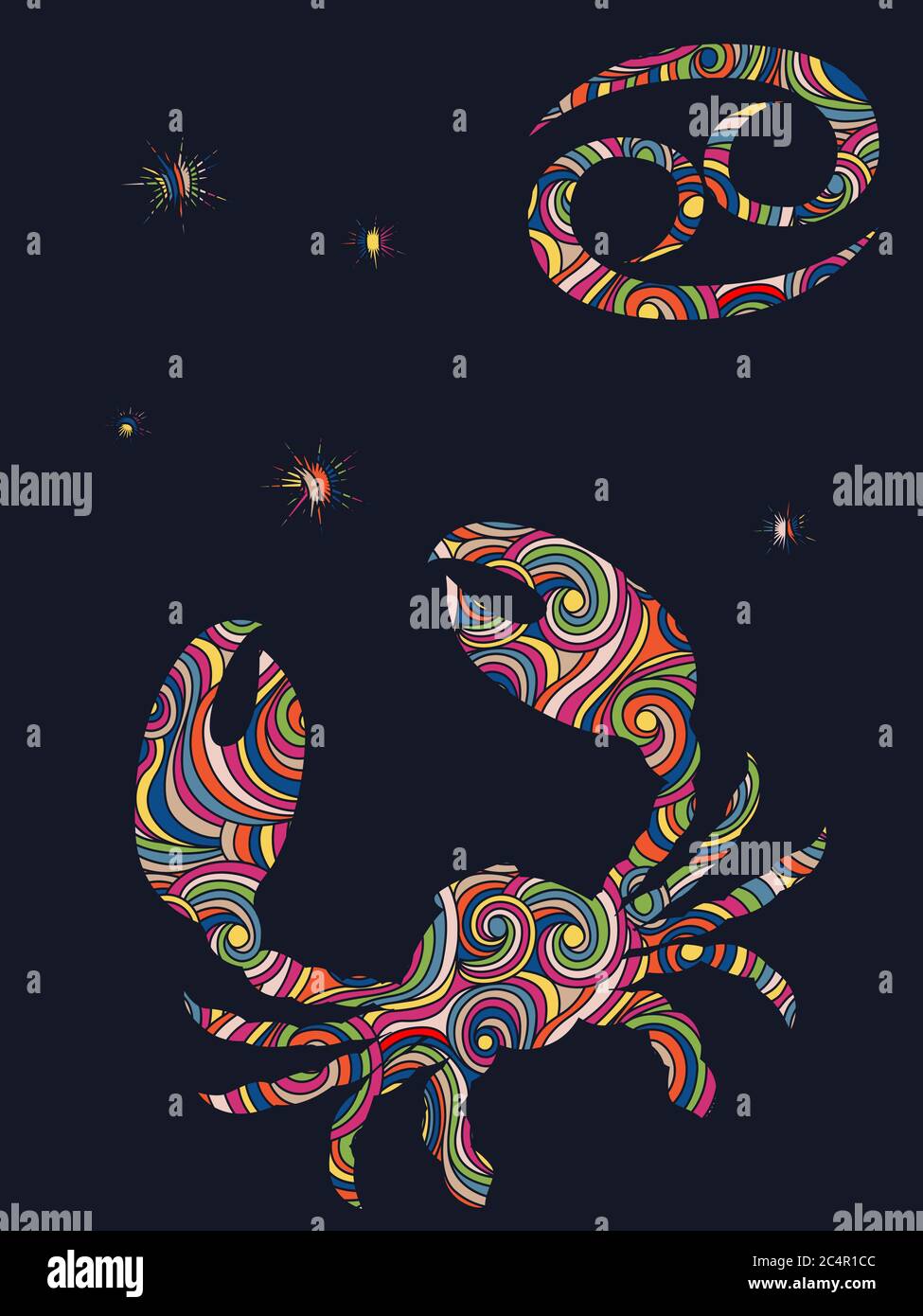 Zodiac sign Cancer fill with colorful muted wavy shapes on the dark ...