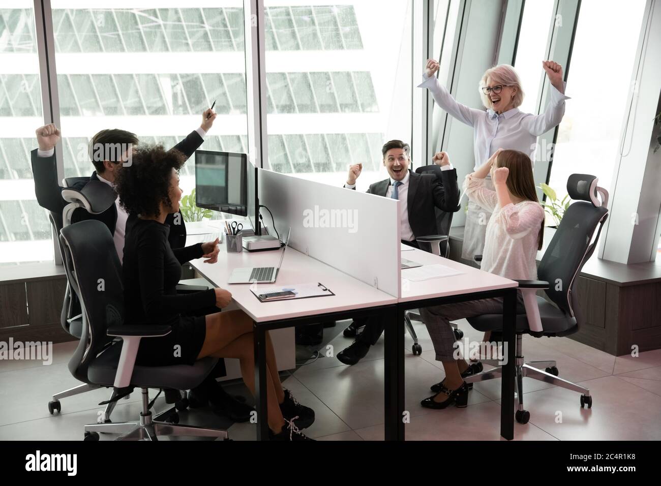 Business people team cheering to financial profit at workplace Stock ...