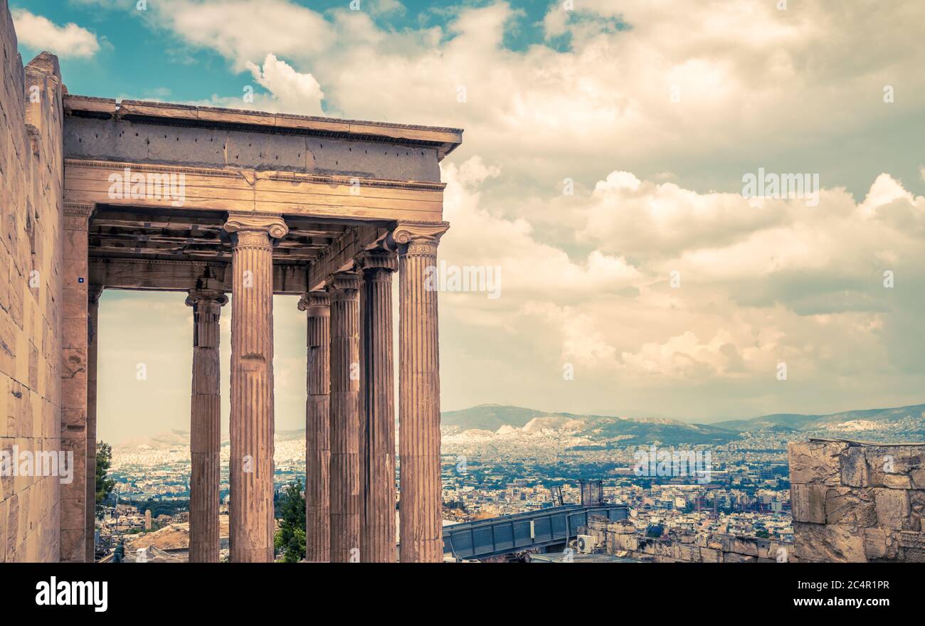 Athens view from Acropolis, Greece. Columns of Erechtheion temple ...