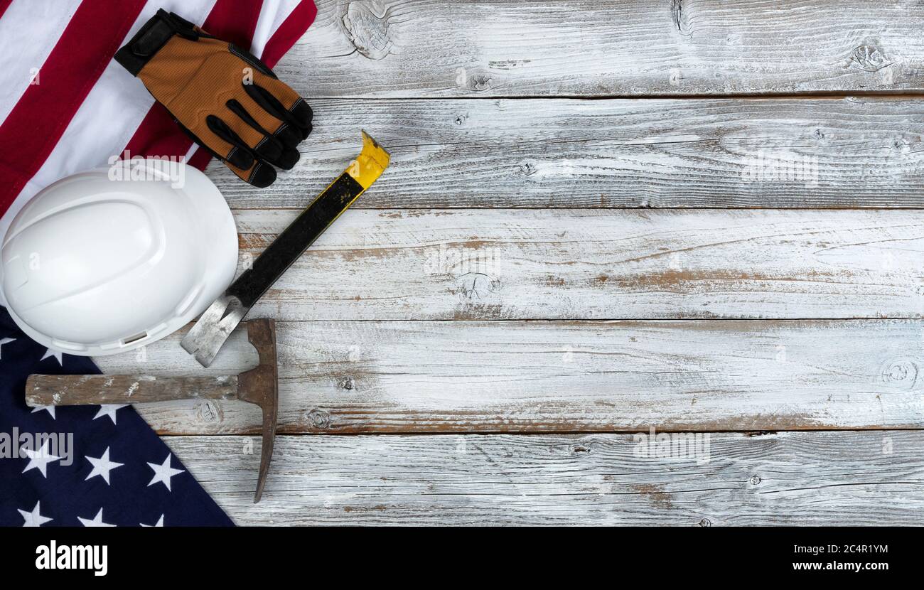 US Happy Labor Day concept with national flag and industrial work tools ...