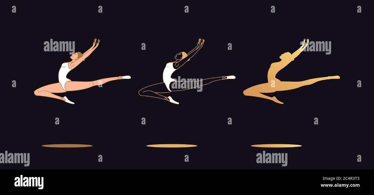 Golden ballerina woman in outline style. Set of silhouette, Ballet ...