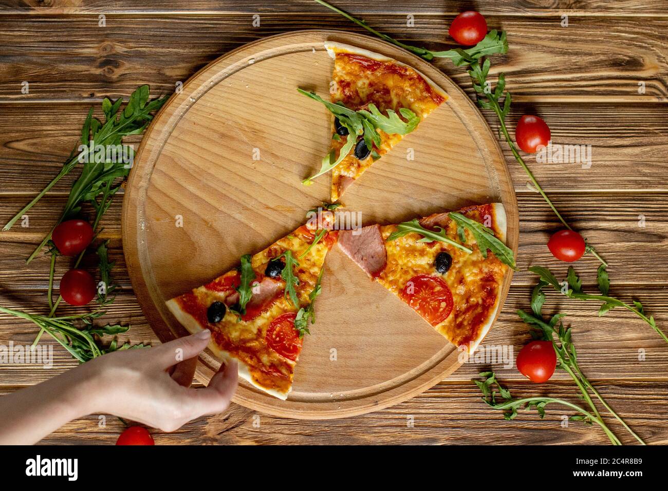 Eating Food. Close-up Of People Hands Taking Slices Of Pepperoni Pizza ...