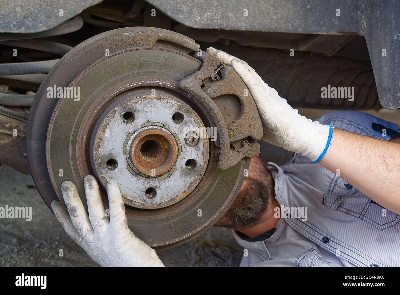 Old and dirty rear dump break of the vehicle for repair. Brakes on a ...
