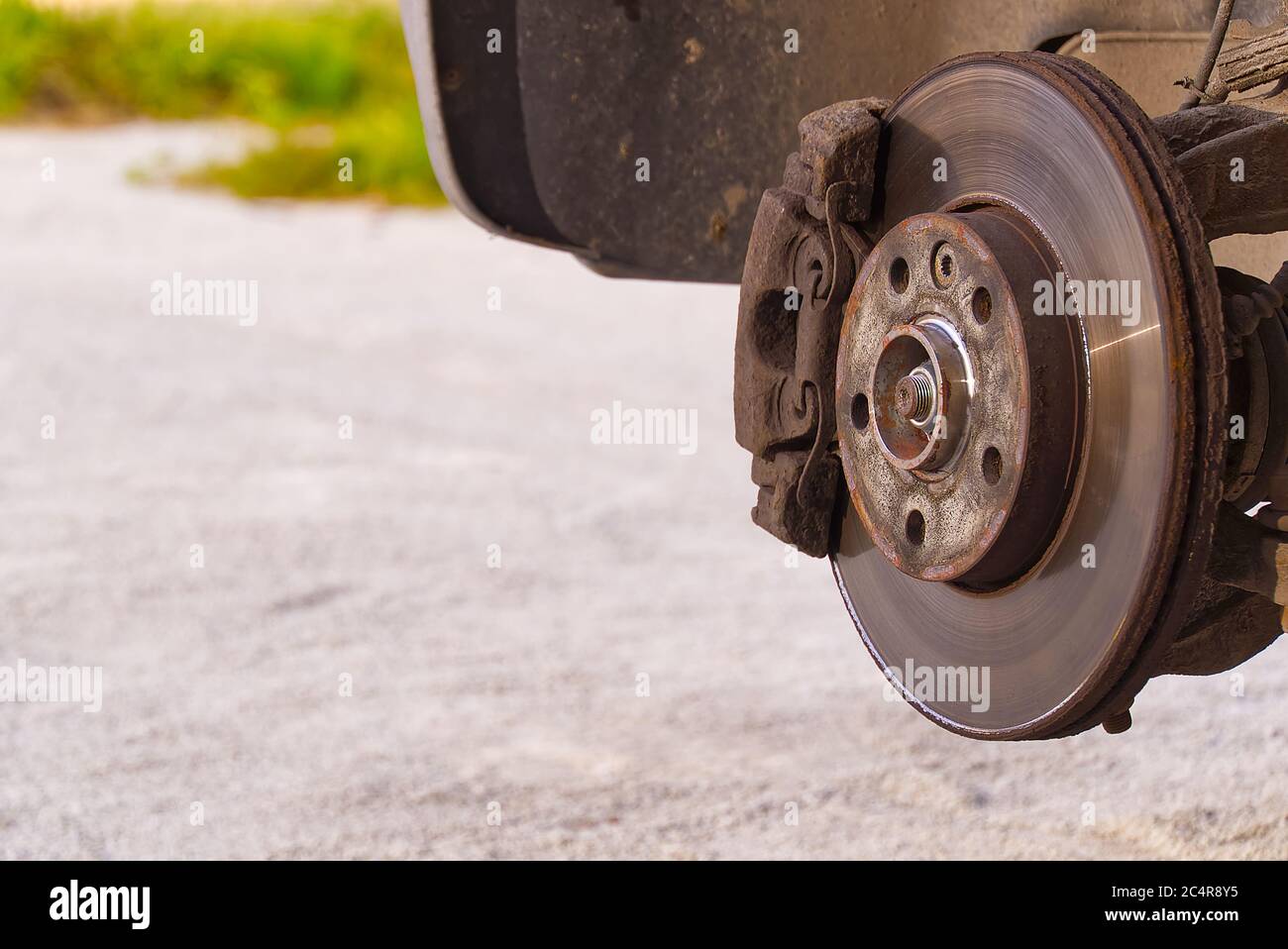 Old and dirty rear dump break of the vehicle for repair. Brakes on a ...